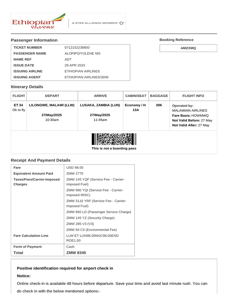Electronic Ticket Receipt, May 27 For MS YOLENE ALOFIPO | PDF