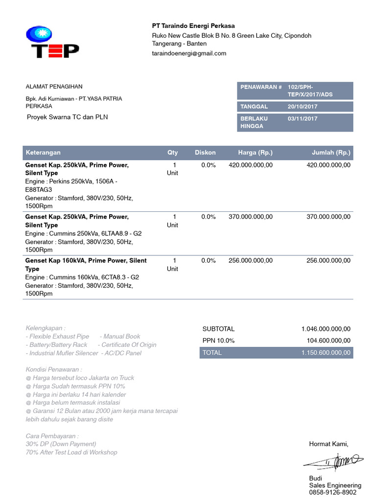 Genset Proyek Swarna TC Dan PLN 102 - SPH-TEP - X - 2017 - ADS | PDF | Electricity | Electrical ...
