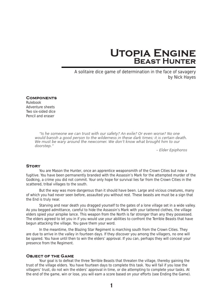Utopia Engine 2: Beast Hunter (Complete Sheet) Print To Play | PDF