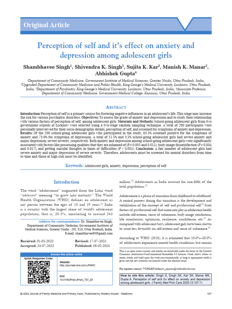 Perception of Self and It's Effect On Anxiety and Depression Among ...