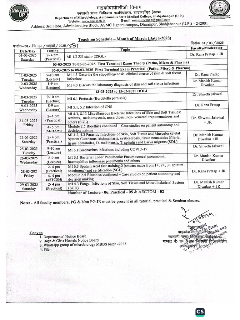 Teaching Schedule MBBS Batch 2023 Month March 2025 | PDF