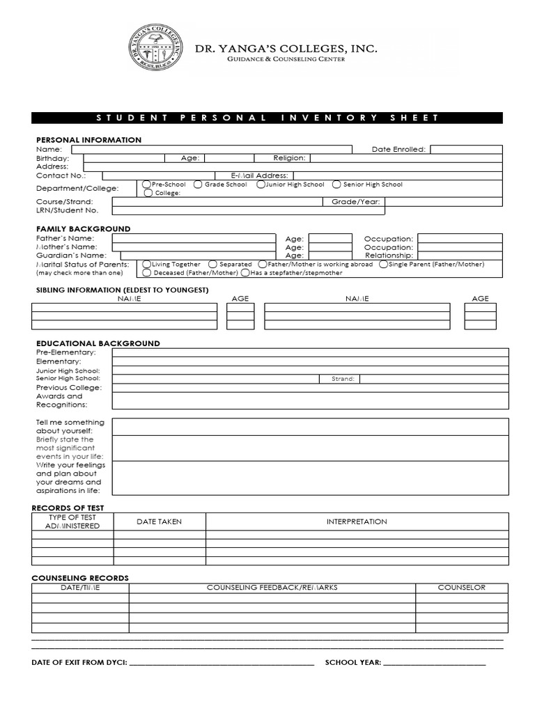 Student Personal Inventory Form | PDF | Family | Social Institutions
