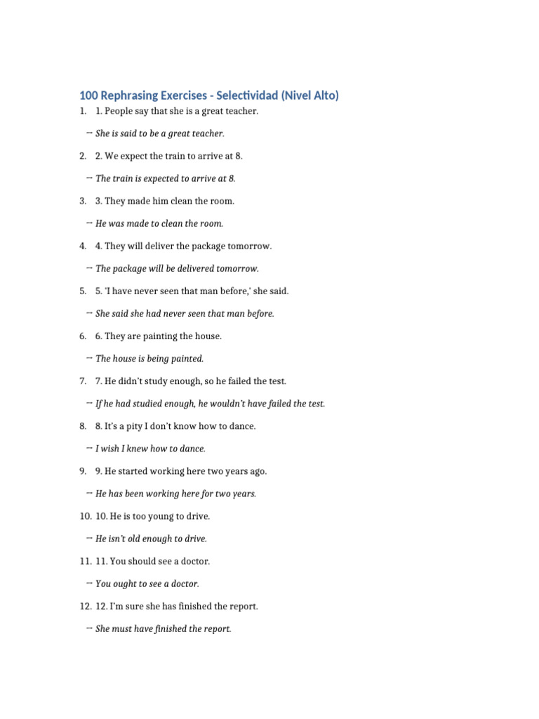 100 Rephrasing Exercises Selectividad | PDF