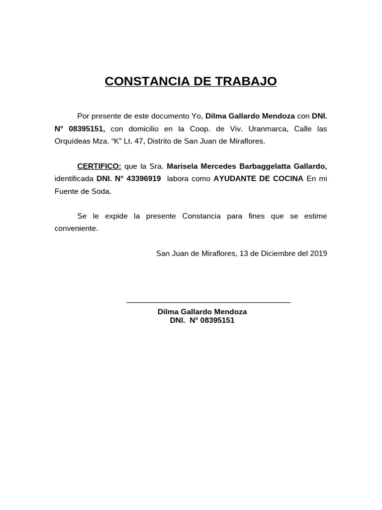 Constancia de Trabajo Marisel Simple | PDF