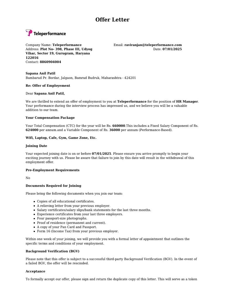 Sapana Patil Offer Letter | PDF