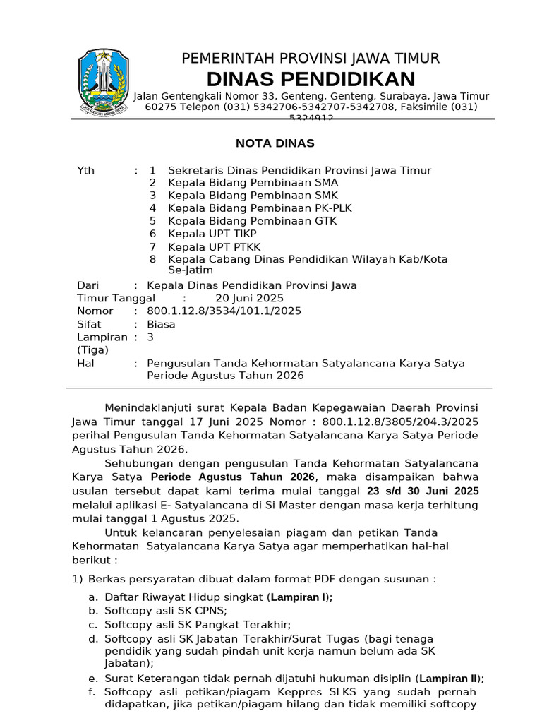 NOTA DINAS - Pengusulan Tanda Kehormatan Satyalancana Periode Agustus ...