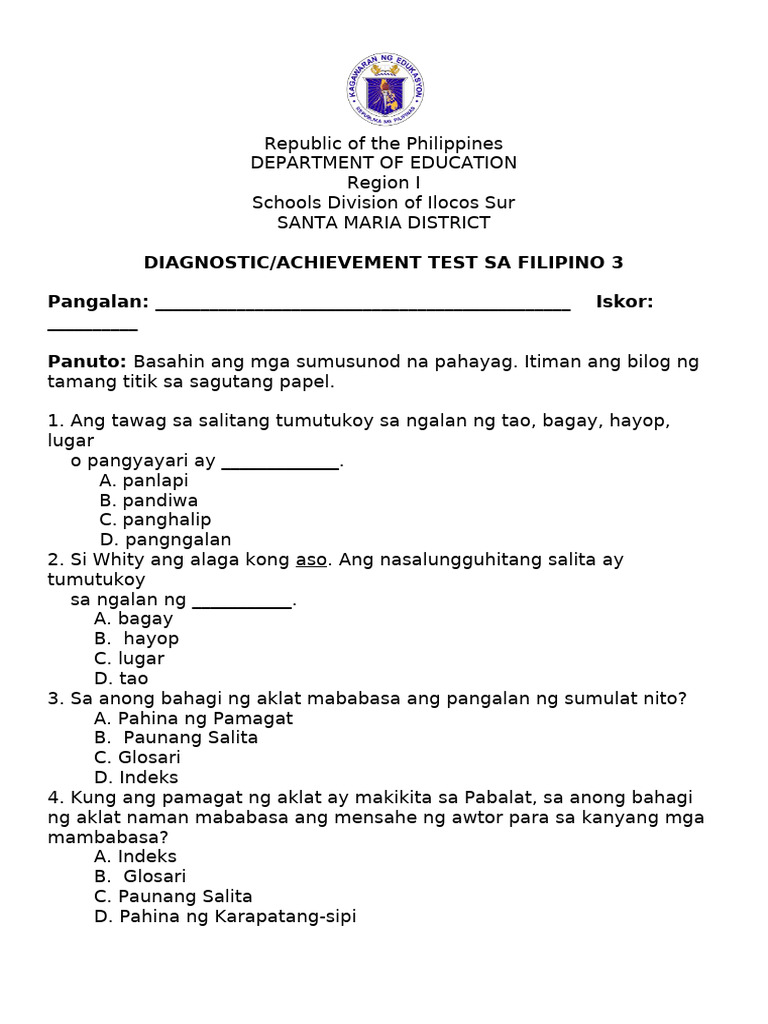Filipino 3 Diagnostic Test | PDF