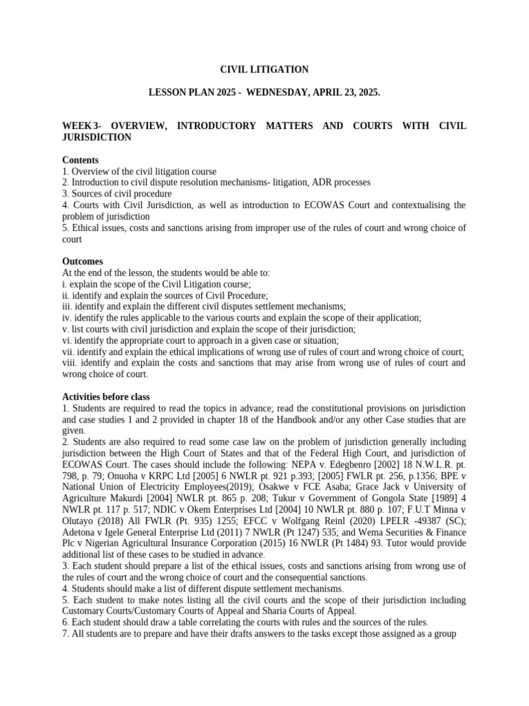 Civil Week 3 Lesson Plan and Case Studies - April 2025 | PDF ...