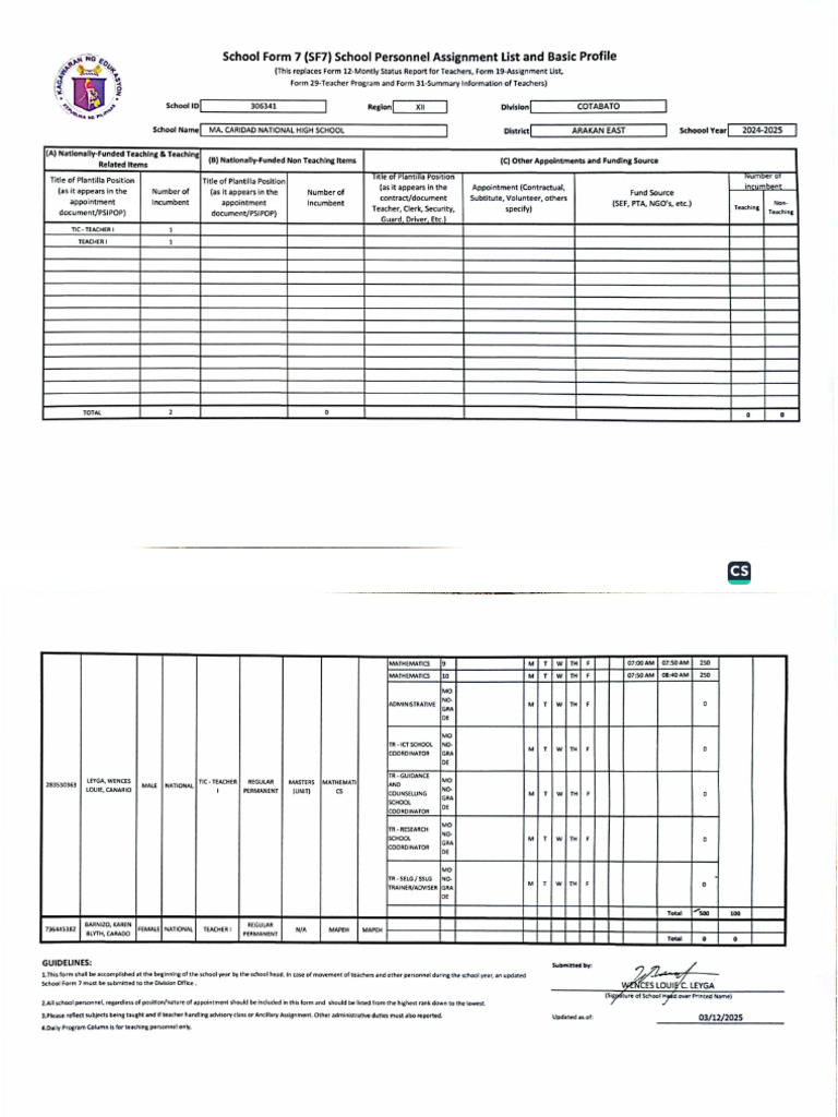 eSF7 - DB SchoolID SY | PDF