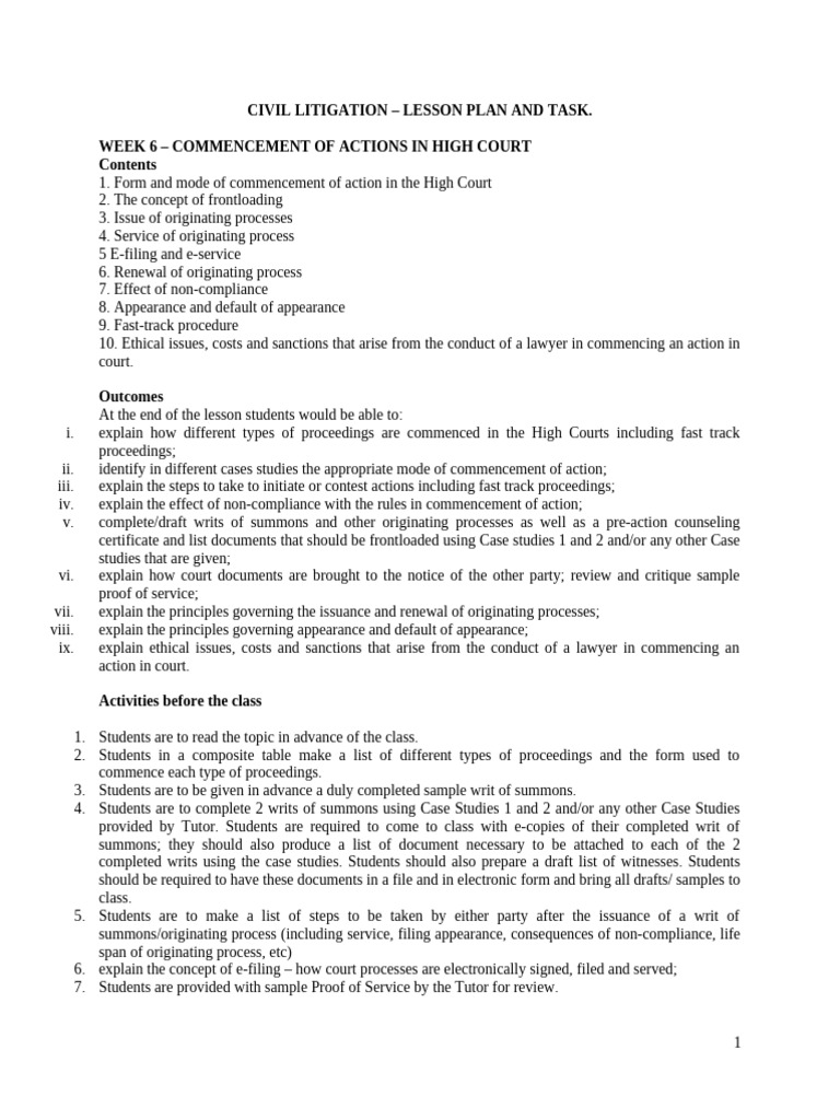 Civil Week 6 Lesson Plan - Commencement of Action at The High Court 2 ...