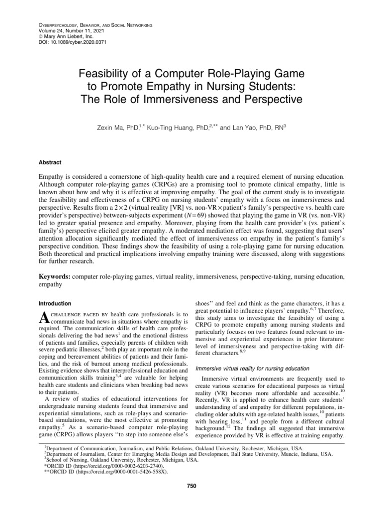 Ma Et Al 2021 Feasibility of A Computer Role Playing Game To Promote Empathy in Nursing Students ...