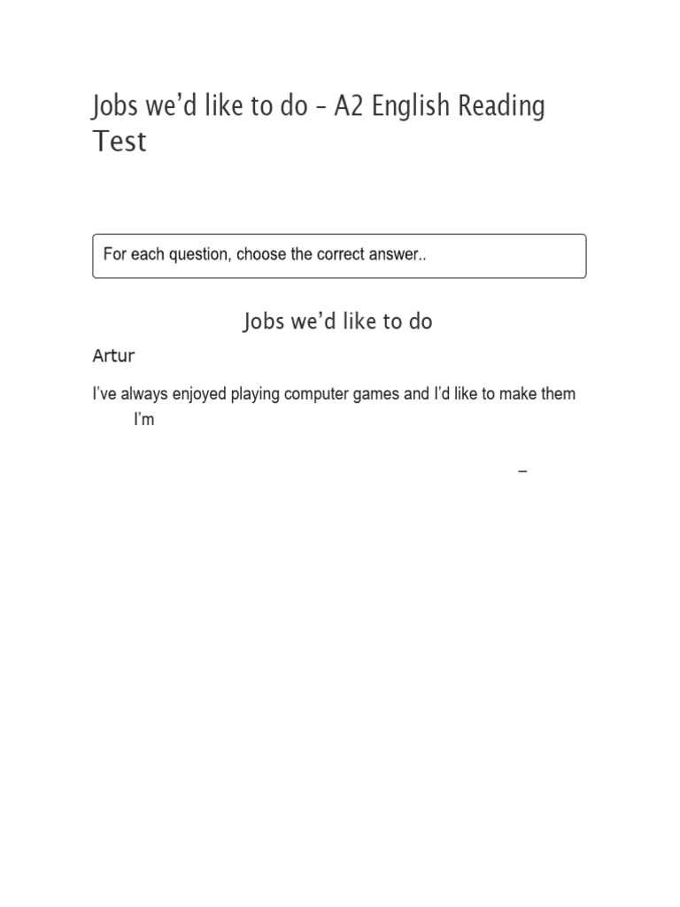 A2 Reading Test | PDF