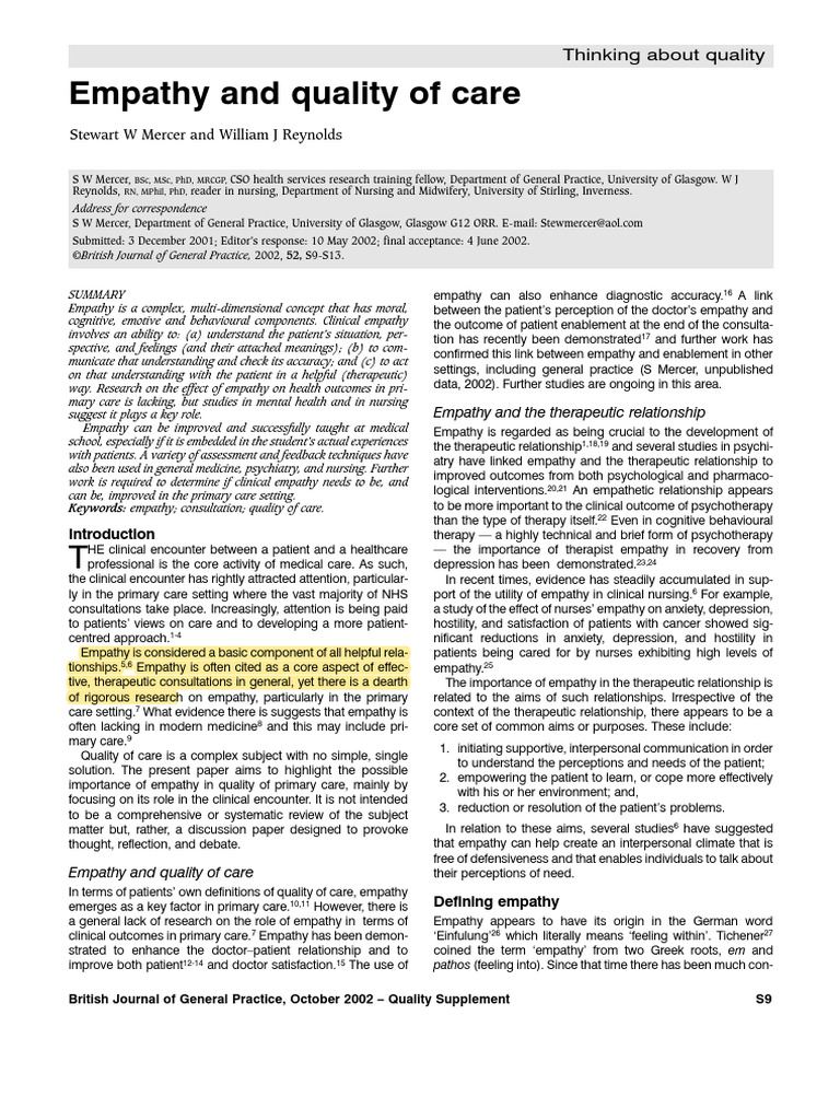 Empathy's Role in Primary Care Quality | PDF | Empathy | Psychotherapy