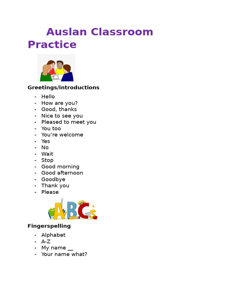 Auslan Classroom Practice | PDF