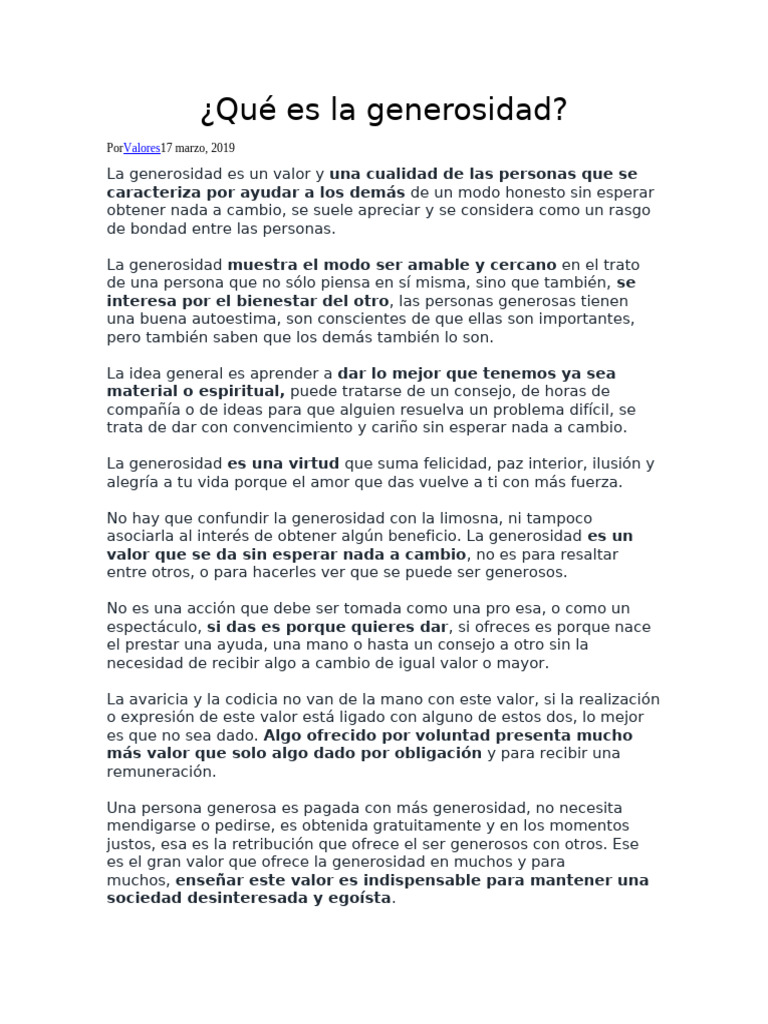 La Generosidad: Valor y Beneficios para Niños | PDF | Autoestima ...