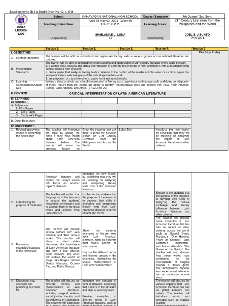 Daily Lesson Log: Latin American Literature | PDF | Learning | Human ...