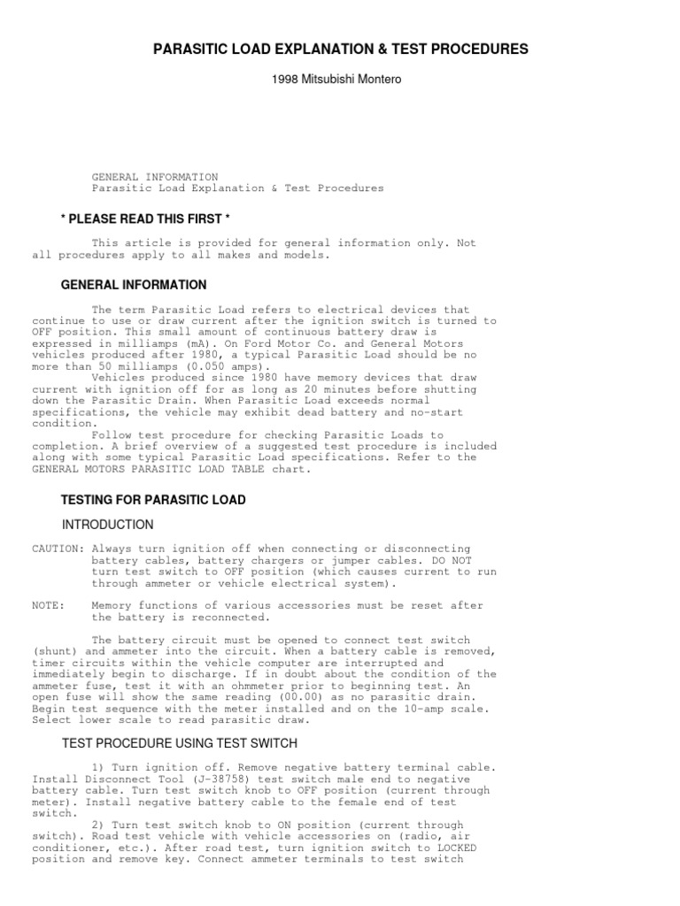 Parasitic Load Explanation and Test Procedures | PDF | Switch | Fuse ...