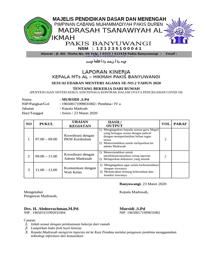 Format Laporan Kinerja Kepala Madrasah Contoh | PDF