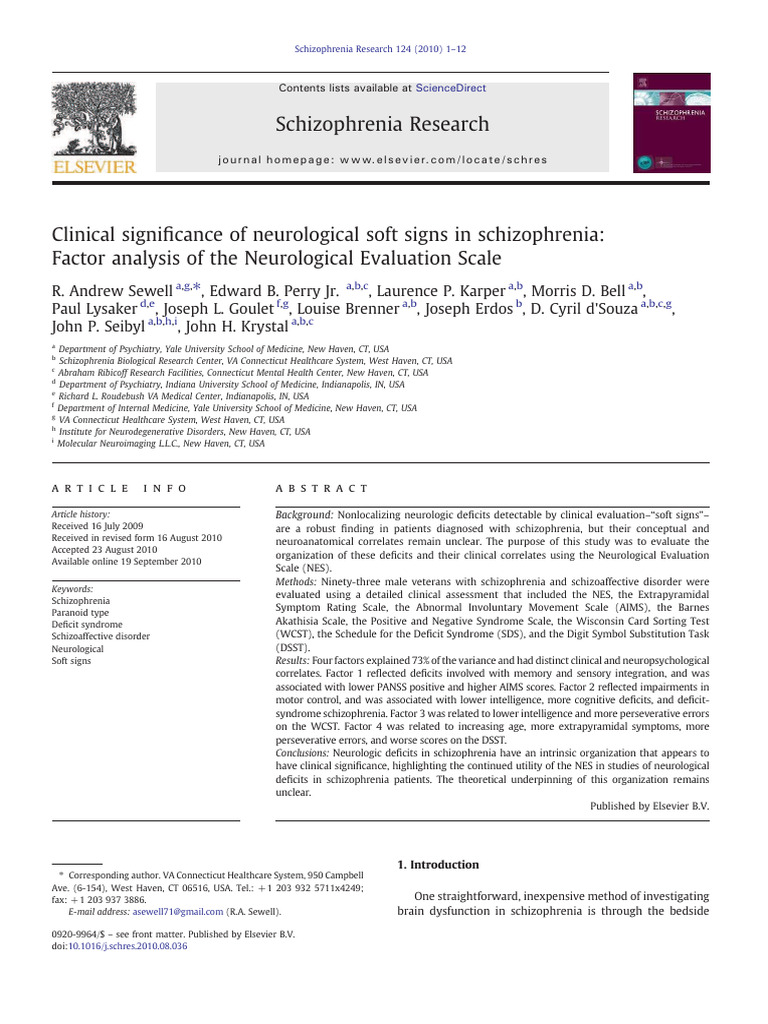 Neurological Soft Signs in Schizophrenia | PDF | Schizophrenia | Factor ...