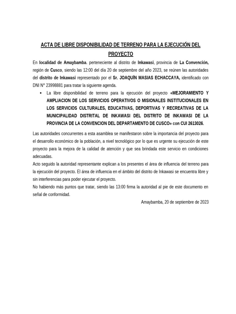 03 Acta de Libre Disponibilidad de Terreno | PDF