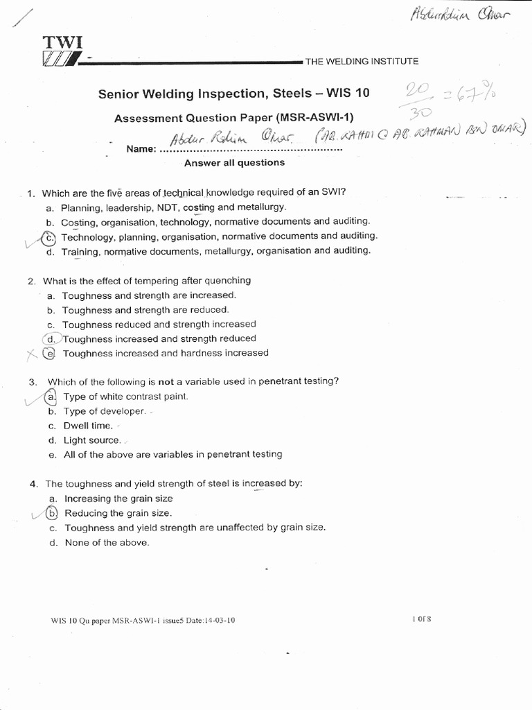 TWI - CSWIP SWI (Assessment Question Paper) | PDF