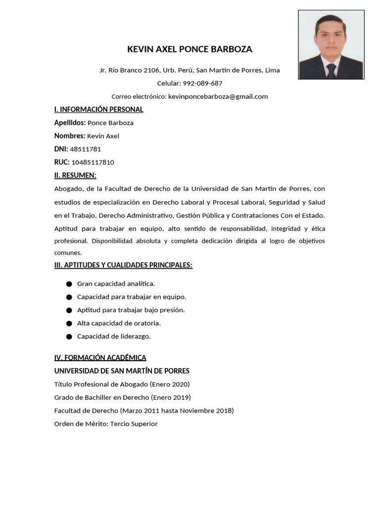 Kevin Axel Ponce Barboza CV | PDF | Judicaturas | Demanda judicial