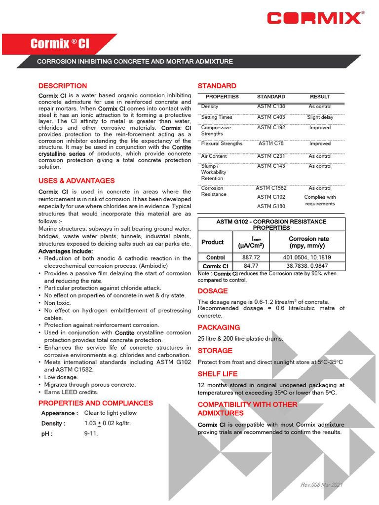 TDS en Cormix CI - Rev 008 Mar 21 | PDF | Concrete | Corrosion