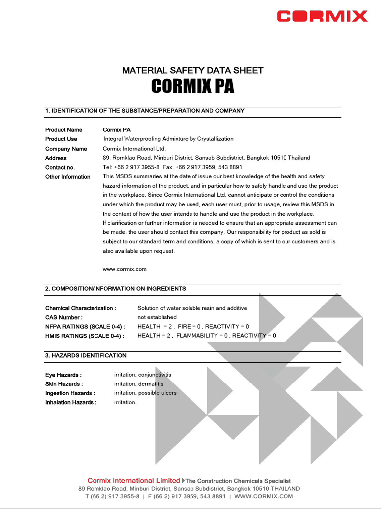 MSDS en Cormix PA Oct09 - N FM | PDF | Water | Occupational Safety And Health