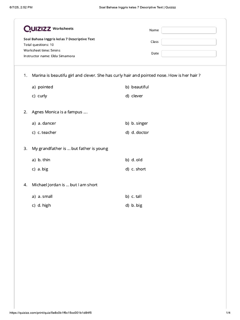 Kelas 7 Descriptive Text Soal Inggris | PDF | Chess Theory | Chess