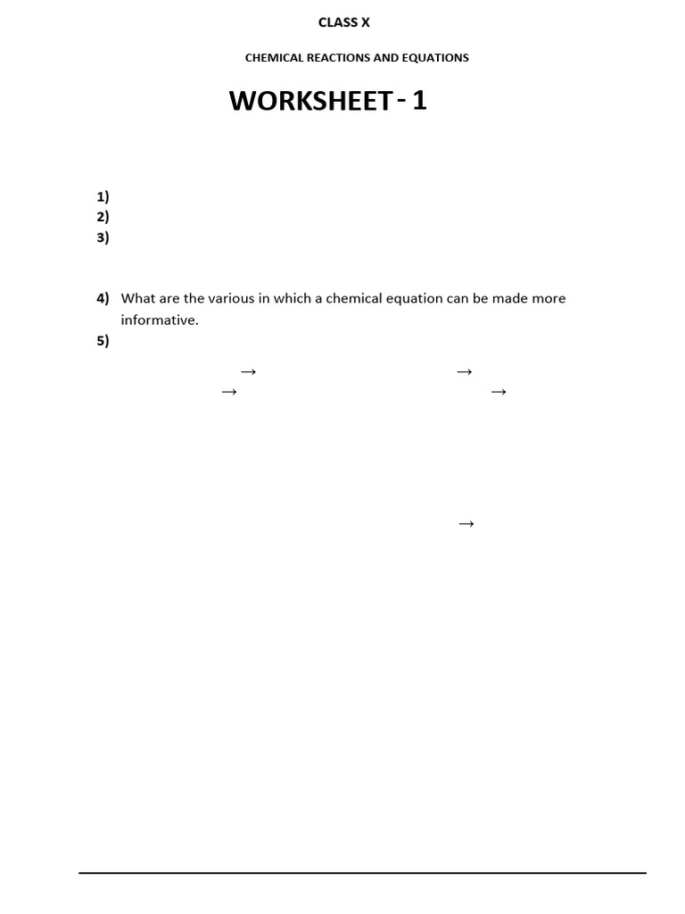 Cbse Class 10 Chemistry Lesson 1 Worksheet 1 Chemical Reactions and ...