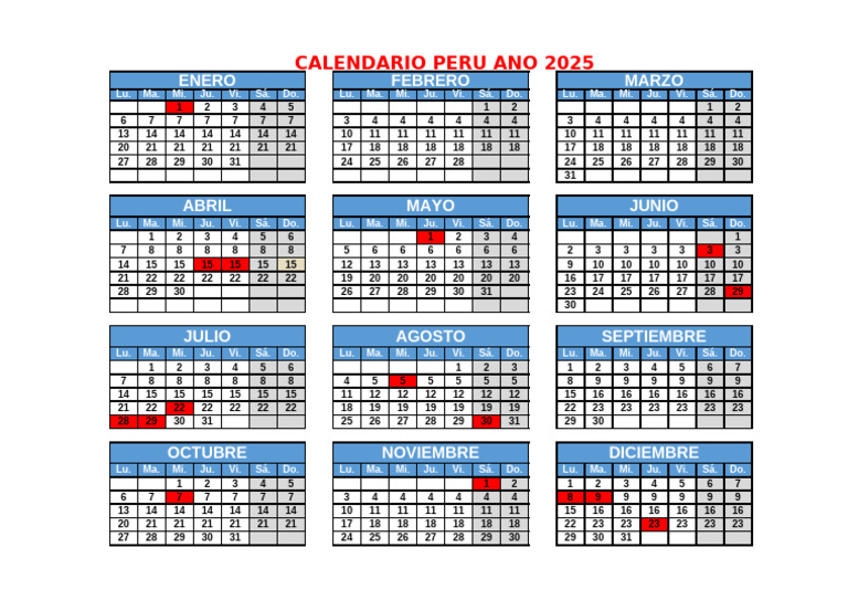 Calendario Perú 2025 con Feriados | PDF
