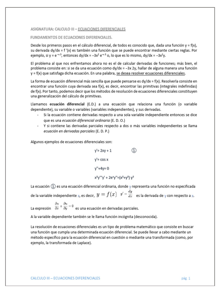 Clases Teoricas - Ecuaciones Diferenciales - Contenido Programatico | PDF | Ecuaciones | Derivado