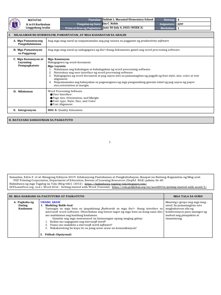 DLL Matatag - Epp 4 q1 w3 | PDF