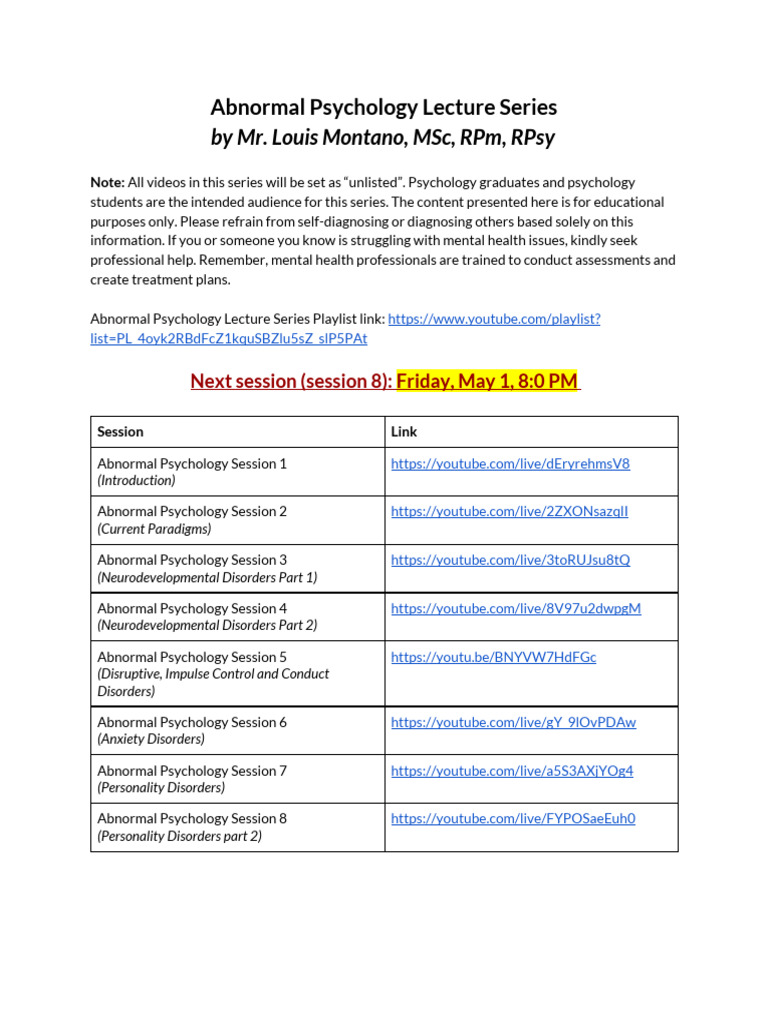 Abnormal Psychology Lecture Series | PDF