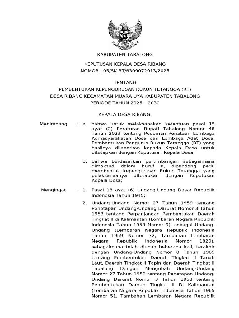 Pembentukan RT Desa Ribang 2025-2030 | PDF