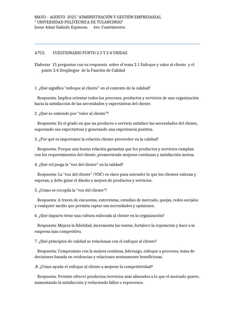 Preguntas QFD Cliente | PDF | Calidad (comercial) | Cliente