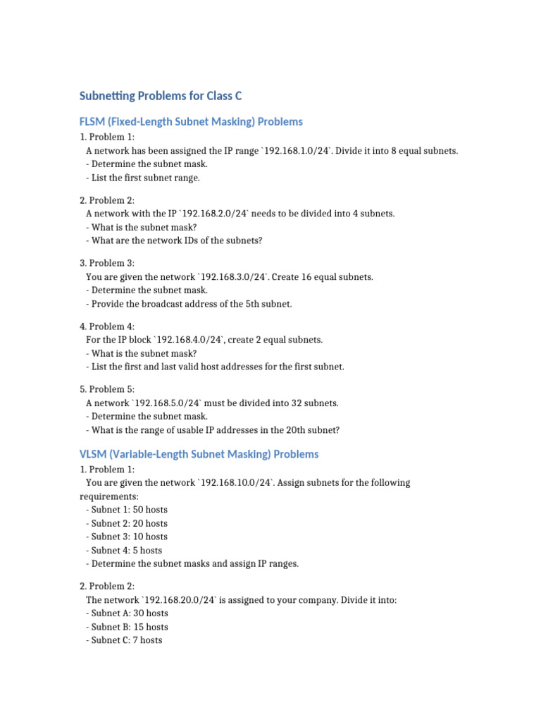 Class C Subnetting Problemsvgfchwfsgajsg | PDF