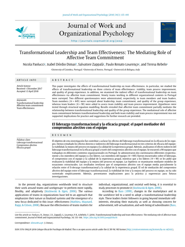 2018-Transformational Leadership and Team Effectiveness The Mediating Role of Affective Team ...
