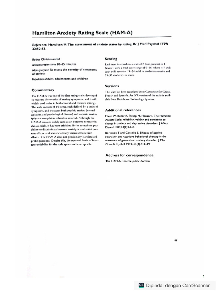Hamilton Anxiety Rating Scale HARS HAM-A | PDF