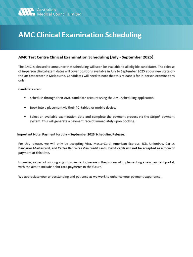 AMC Test Centre Clinical Examination Scheduling July September 2025 1 ...