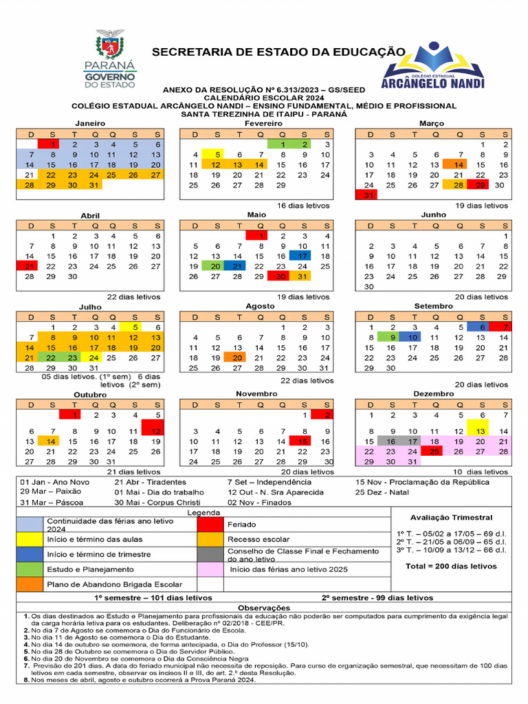 Calendário Escolar 2024 | PDF
