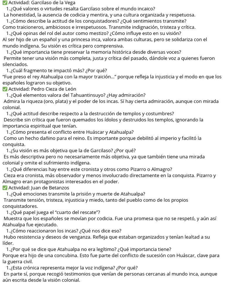 Actividad Garcilaso de La Vega ¿Qué Valores o Virtudes Resalta Garcilaso Sobre El Mundo Incaico ...