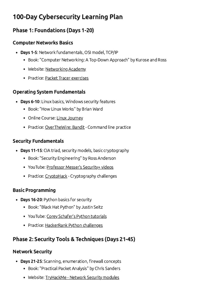 100-Day Cybersecurity Learning Plan | PDF | Computer Network | Security