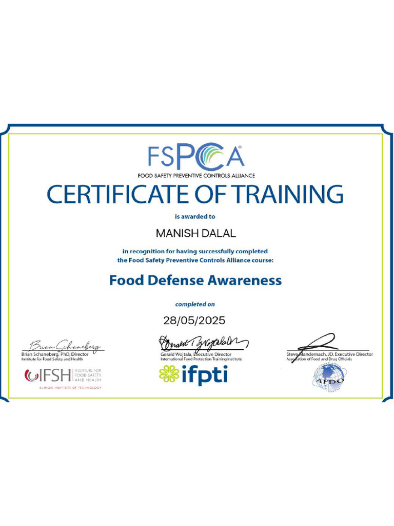 FSPCA Food Defence Certificate Manish | PDF