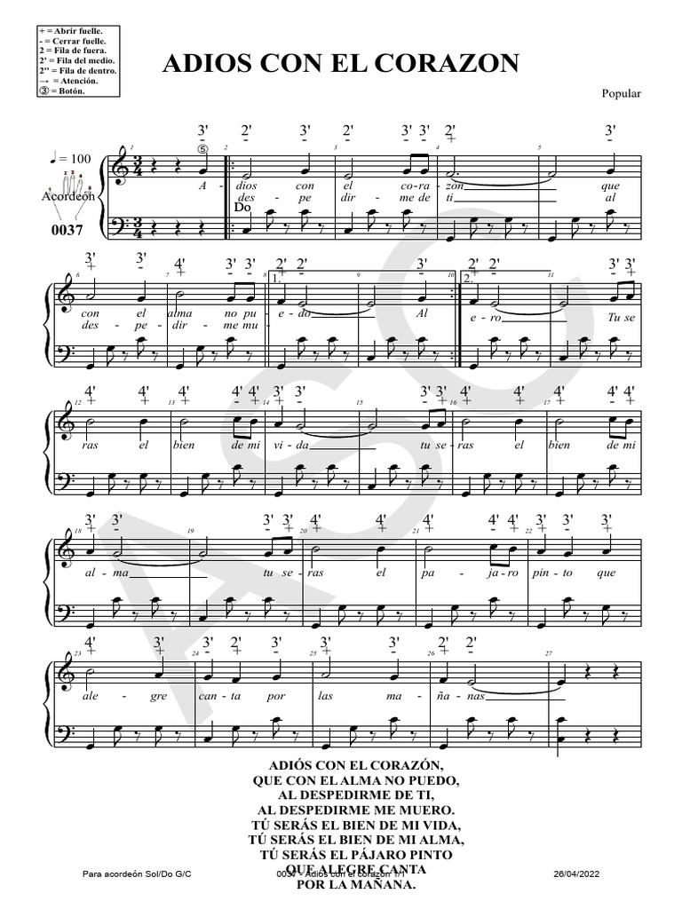 Acordes y letra de "Adiós con el corazón" | PDF