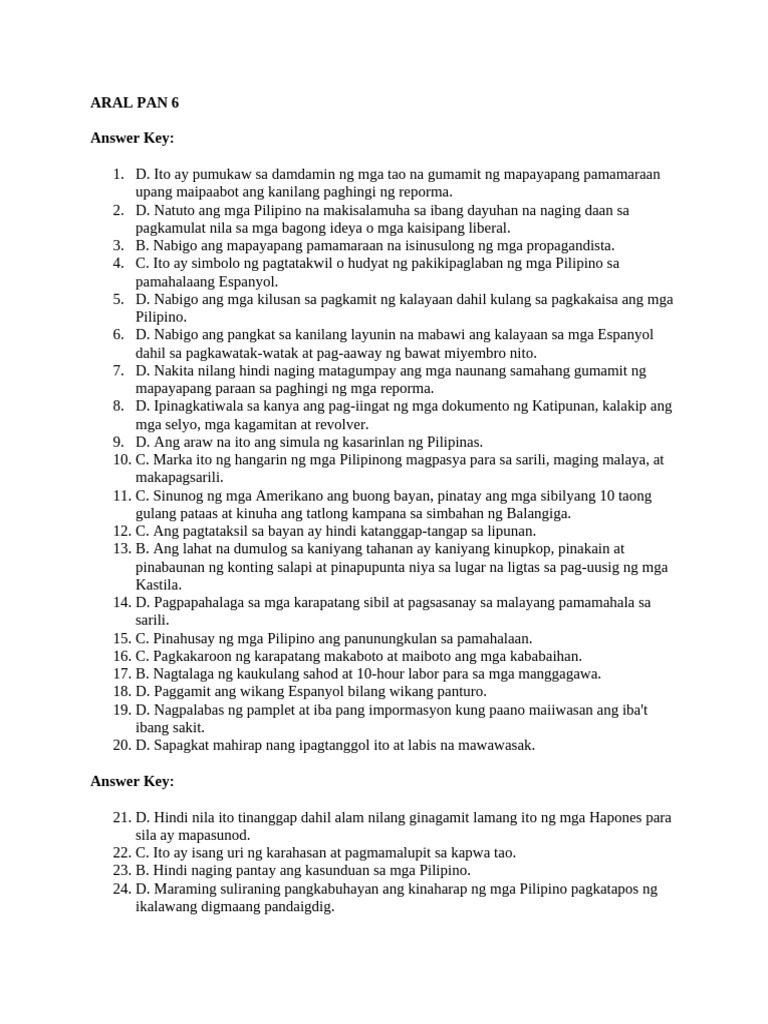 Aral Pan 6 Answer Keys Ram | PDF