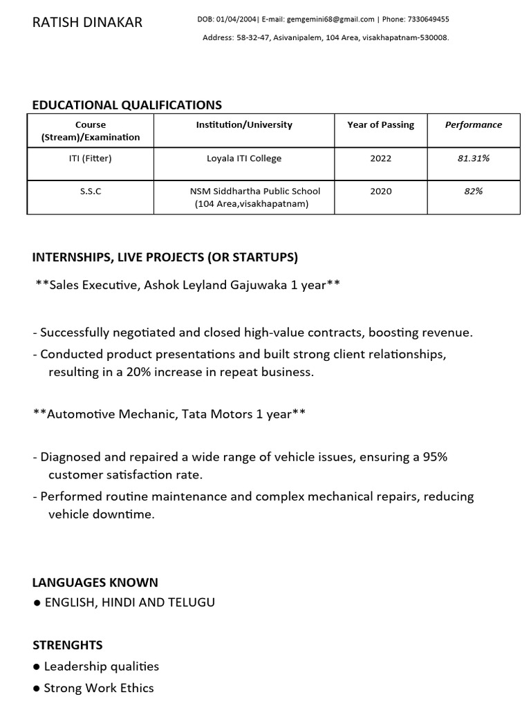 Gemini Resume of Ratish Dinakar | PDF