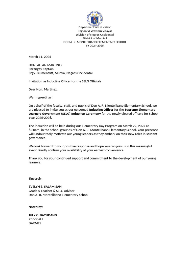 Brgy Captain Invitation Letter For Induction | PDF