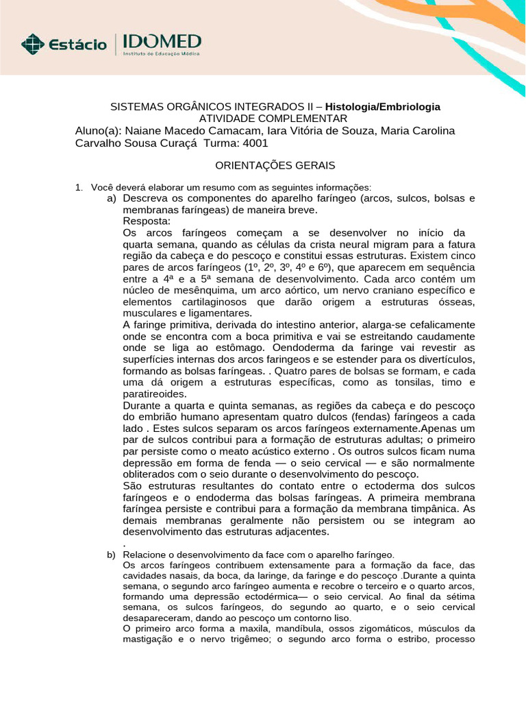 Atividade Embriologia 4001 | PDF | Anatomia | Anatomia humana