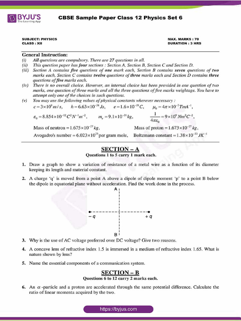 Cbse Class 12 Physics Sample Paper Set 6 1 | PDF